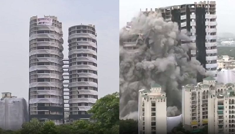 धमाकों के साथ ही पलभर में ढह गया ट्विन टावर, मिट्टी में मिल गए बिल्डर के मंसूबे, देखें वीडियो ...