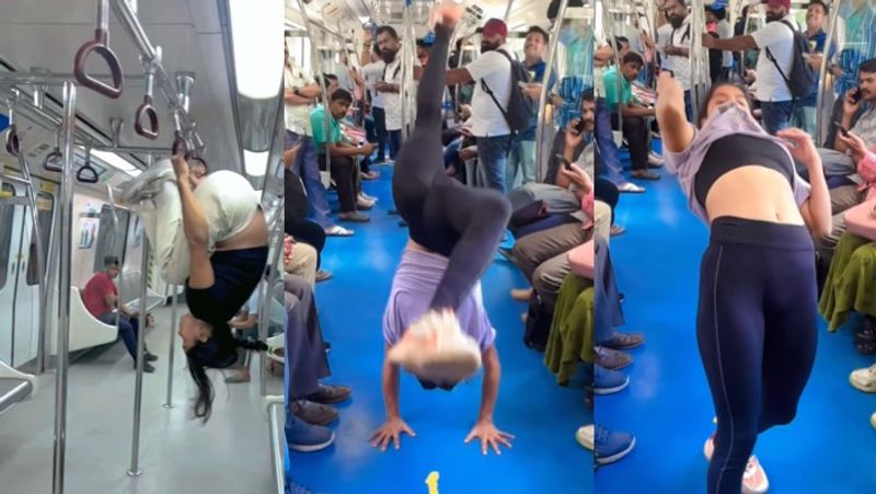 girl did somersault inside metro train viral video : ಮೆಟ್ರೋದೊಳಗೆ ಯುವತಿಯ ಸರ್ಕಸ್ : ಯಾರದಾದ್ರು ...