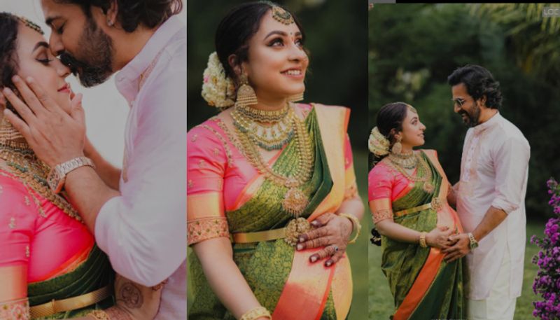 Pearle Maaney looks gorgeous in silk saree in her Valaikappu ceremony ...