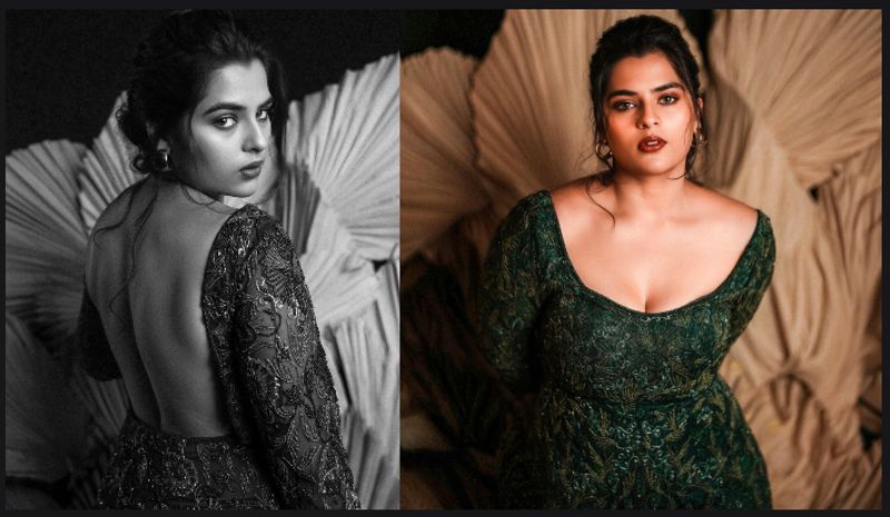 Kavya kalyanram beautiful poses on long green dress | Kavya Kalyanram ...