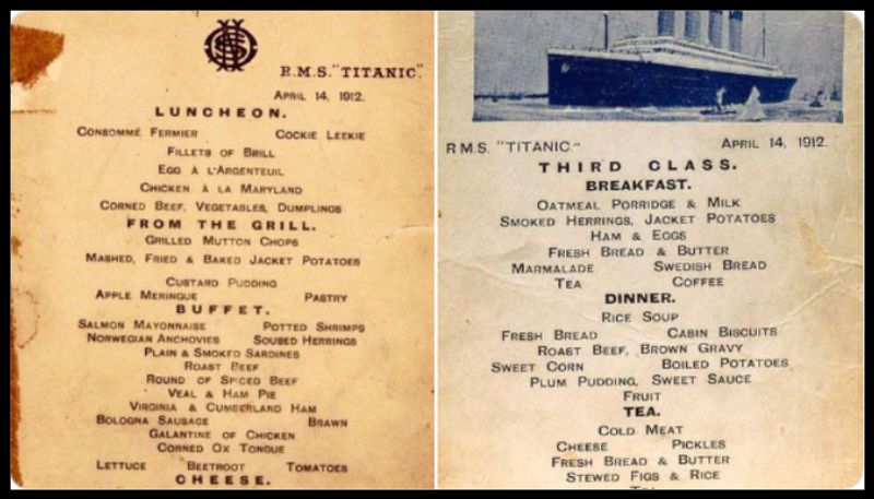 Titanic's 1st and 3rd class menu cards: കടലാഴങ്ങളിൽ മുങ്ങുമ്പോ ...