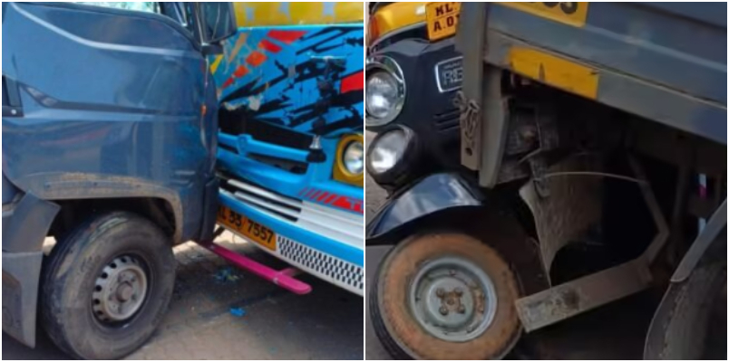 Bus tire bursts lost control and hit at pick up van, auto and scooty ടയ ...
