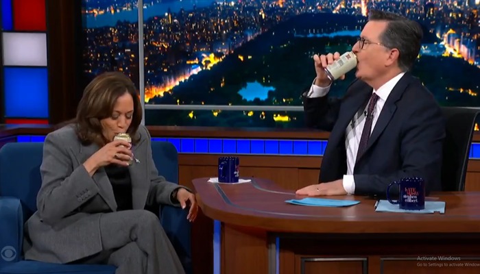 Kamala Harris cracks open a beer with Stephen Colbert and talks Donald ...