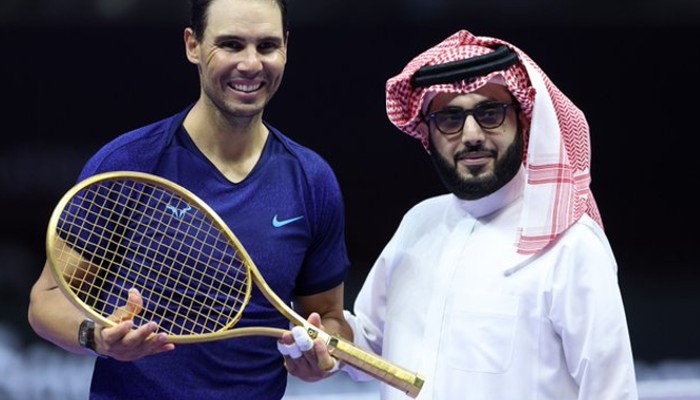 Golden racket gifted to Tennis legend Rafael Nadal at the Six Kings ...