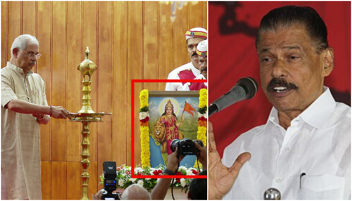 ഏത് ഭാരതാംബ? ഭാരതാംബ എന്ന ഔദ്യോഗിക ചിഹ്നം എവിടെയെങ്കിലും ഉണ്ടോ? മന്ത്രി ...